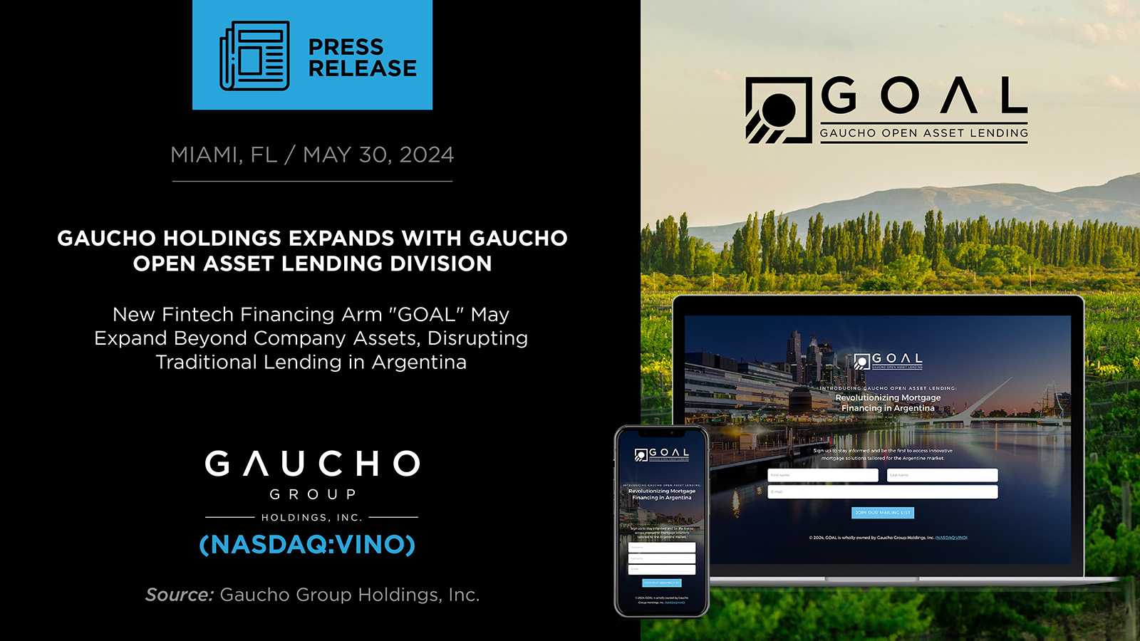 GAUCHO HOLDINGS EXPANDS WITH GAUCHO OPEN ASSET LENDING DIVISION ...