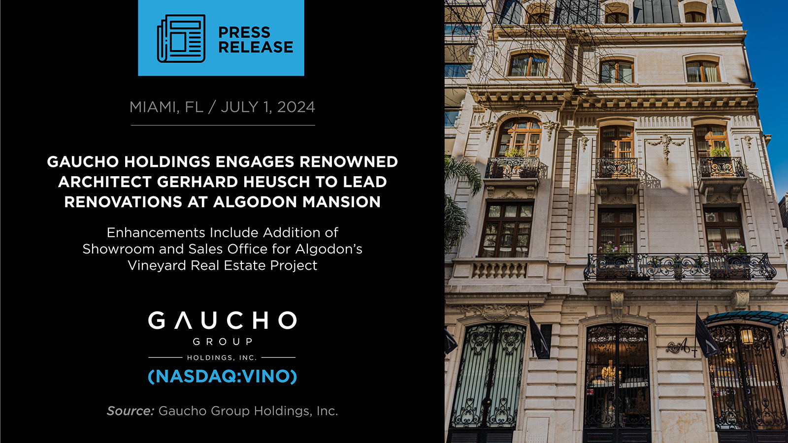GAUCHO HOLDINGS ENGAGES RENOWNED ARCHITECT GERHARD HEUSCH TO LEAD ...